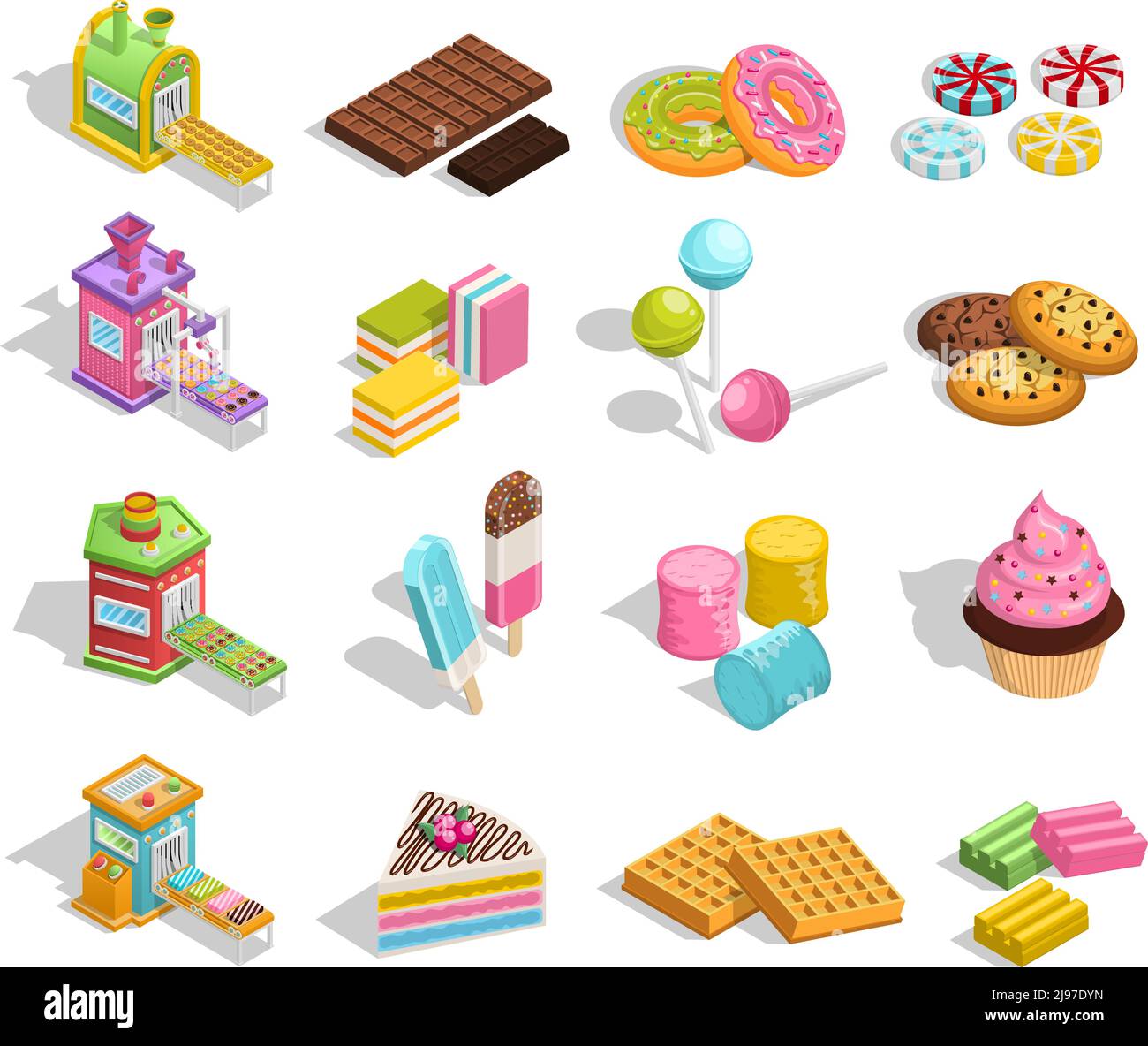 Confectionery factory set of sixteen isolated candy and pastry items ...