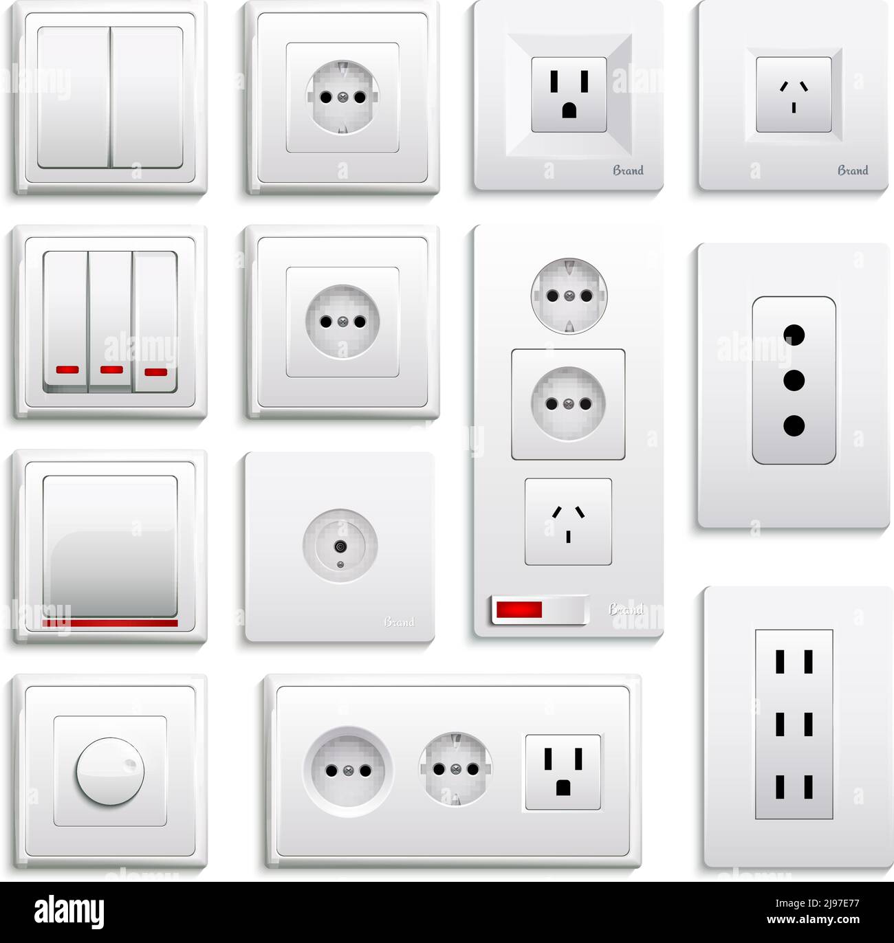 Set of realistic switches and sockets of various type isolated on white ...