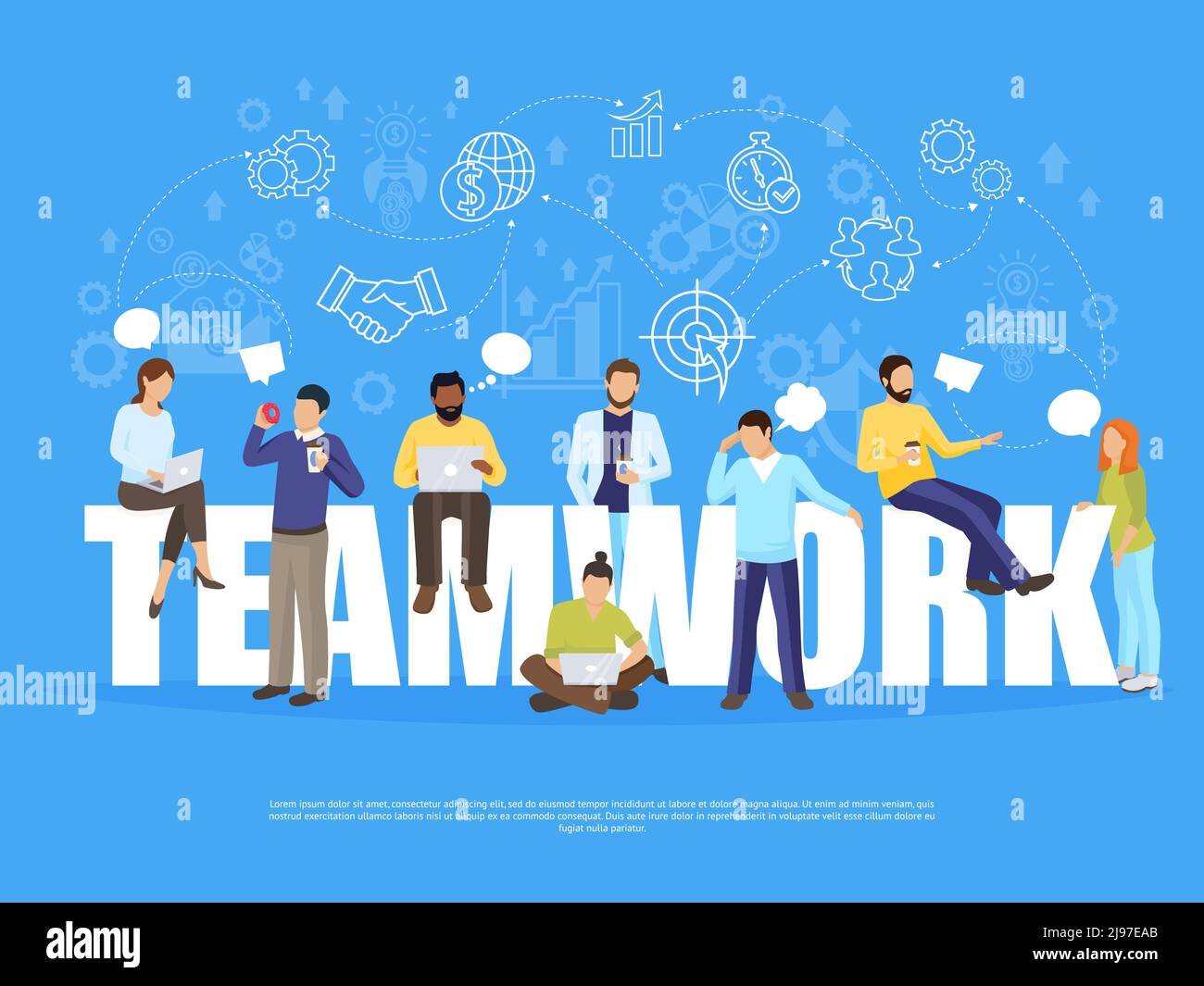 Teamwork concept with coworking and office work symbols flat vector ...