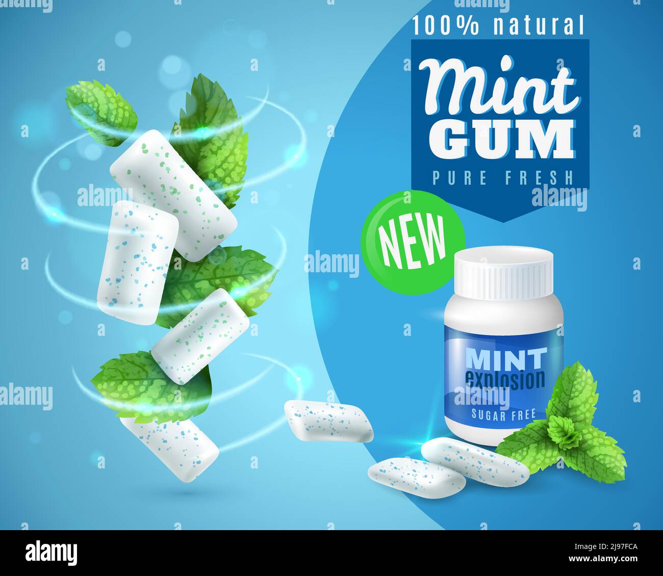 Realistic mint gum poster with swirl of chewing pads and green leaves ...