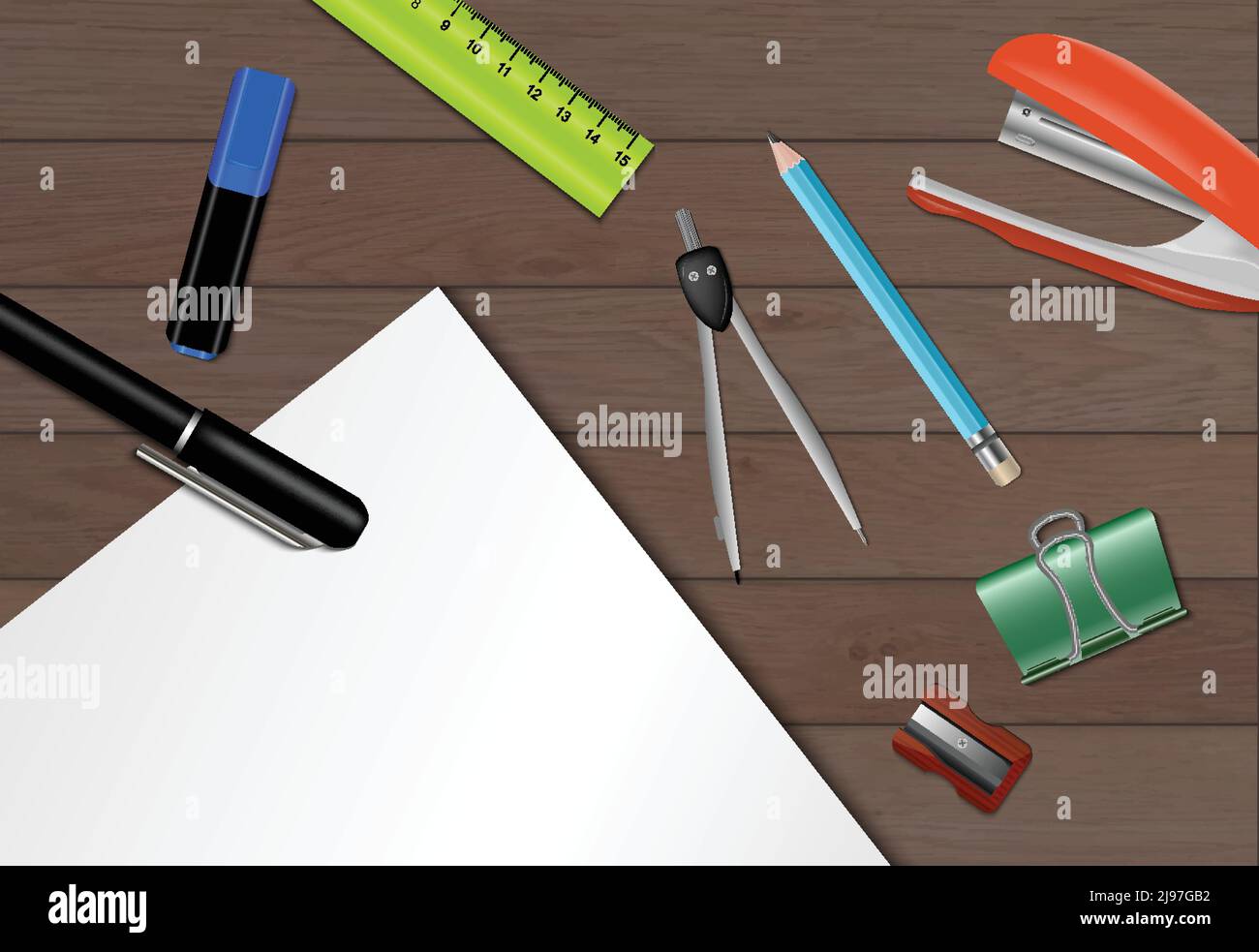 Stationery paper background with part of a wooden table with pens and ...