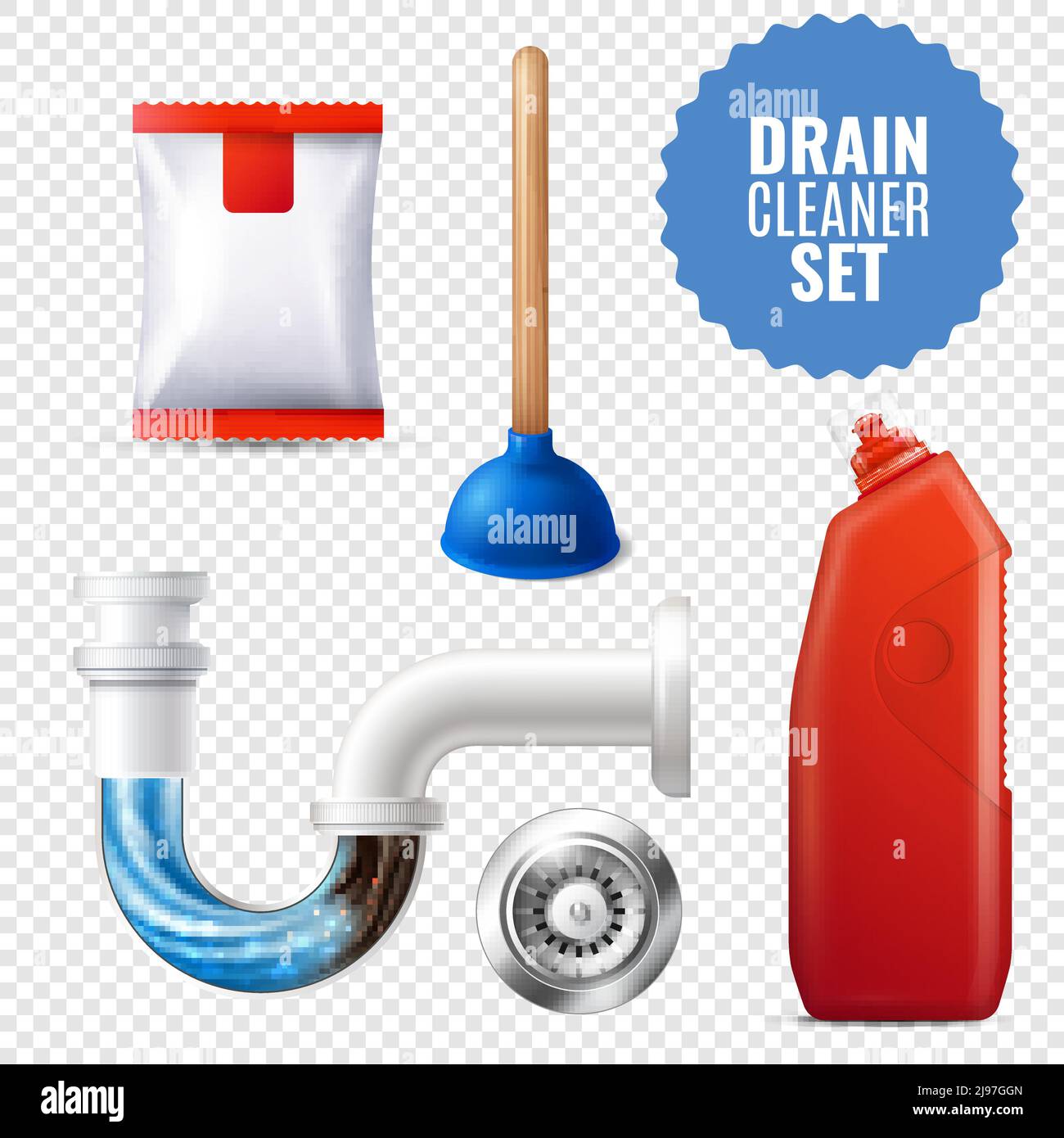 3D style drain cleaner transparent icon set with equipment and ...