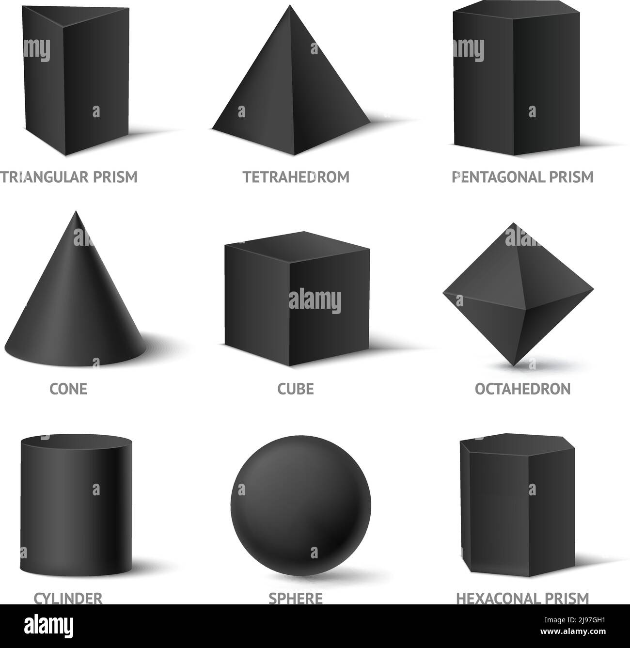 Realistic geometric shapes black set with isolated three-dimensional ...