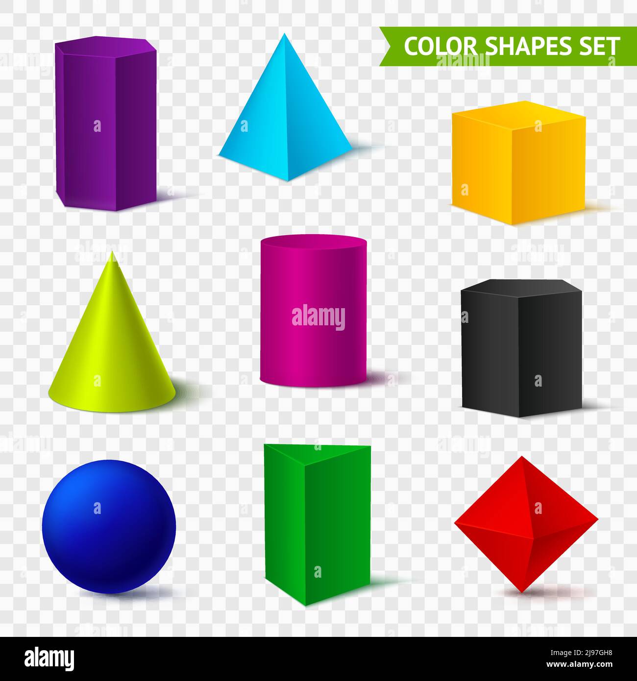 Realistic geometric shapes transparent color set with isolated ...