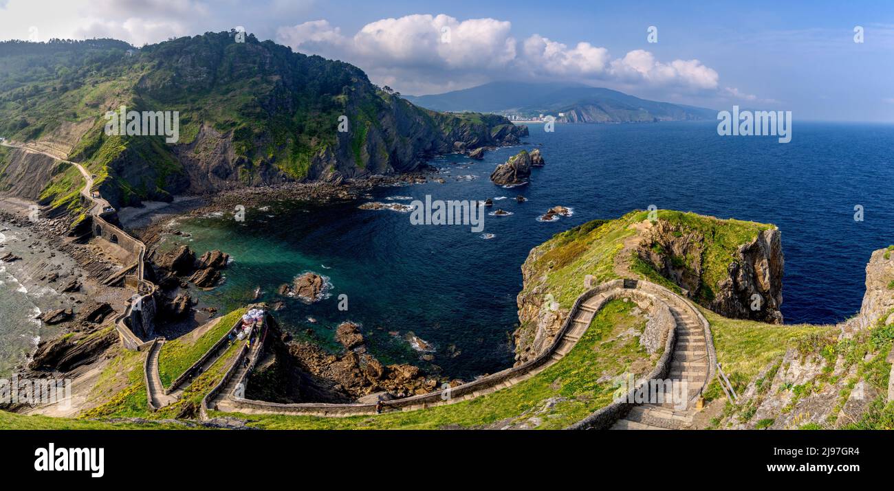 Bakio, Spain - 3 May, 2022: long and winding stone stairs leading up to ...