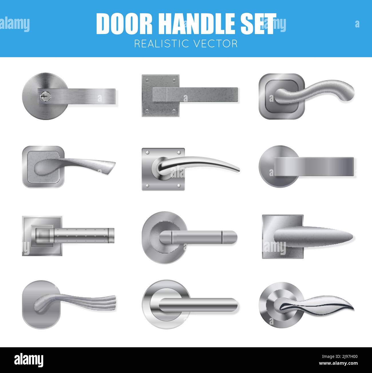 Realistic door handle silver set with isolated images of modern design ...