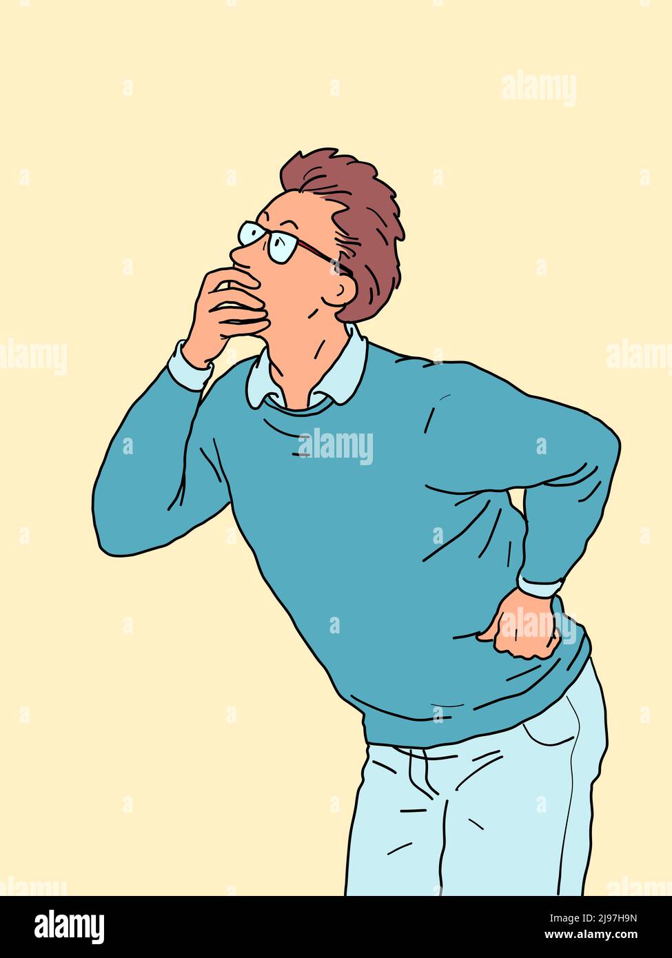 The man with glasses is thinking. The clever man reflects, intellectual ...