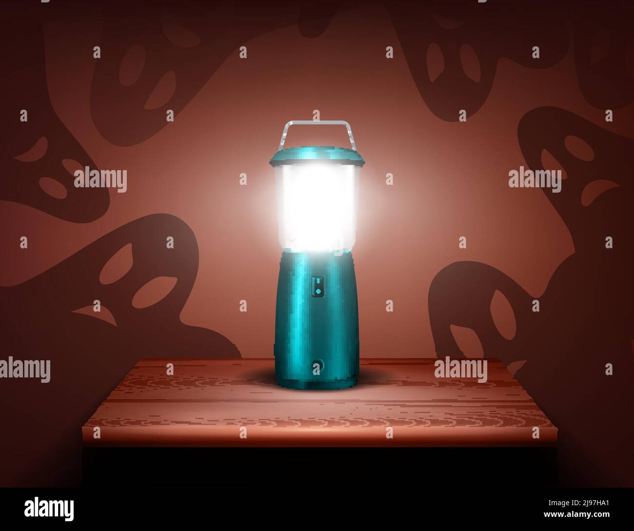 Realistic blue metal lighting electric lamp stands on the wooden table ...