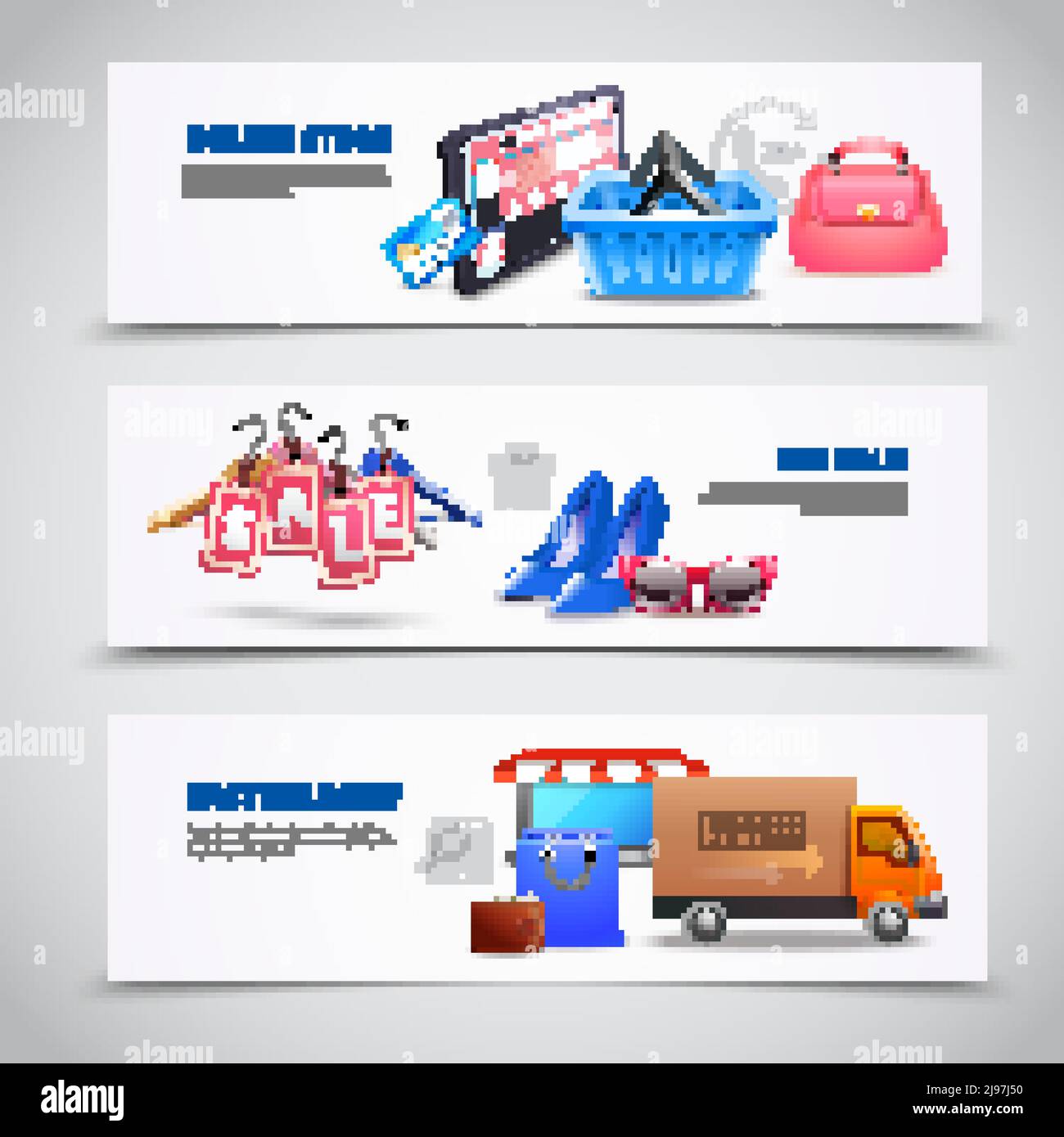 Set of three horizontal shopping banners with flat images of plastic ...