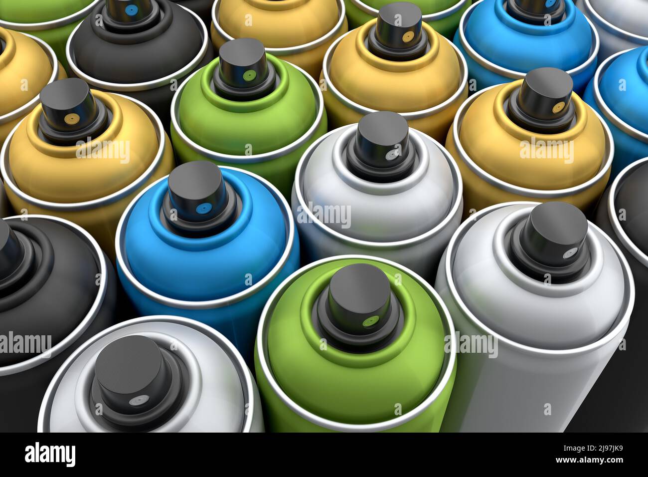 Set of colorful spray paint cans in row on white background. 3d render ...