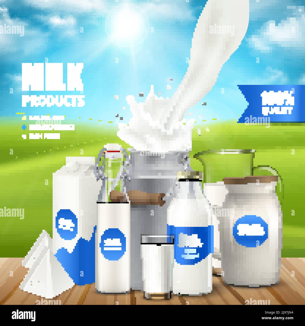 Poster with milk products at wooden table on background of blue sky and ...