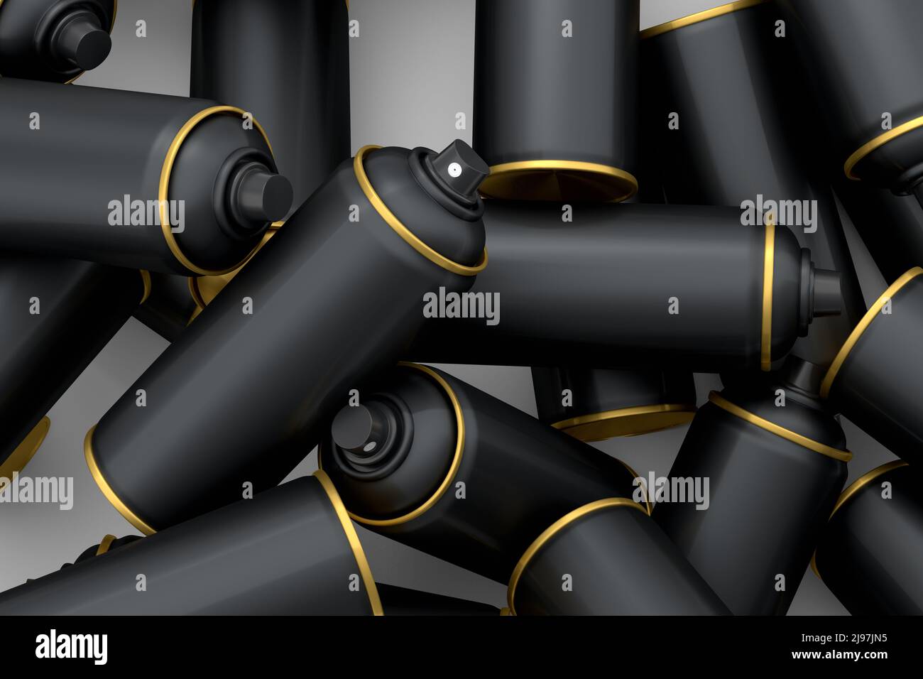 Lots of flying spray paint cans on white background. 3d render spray ...