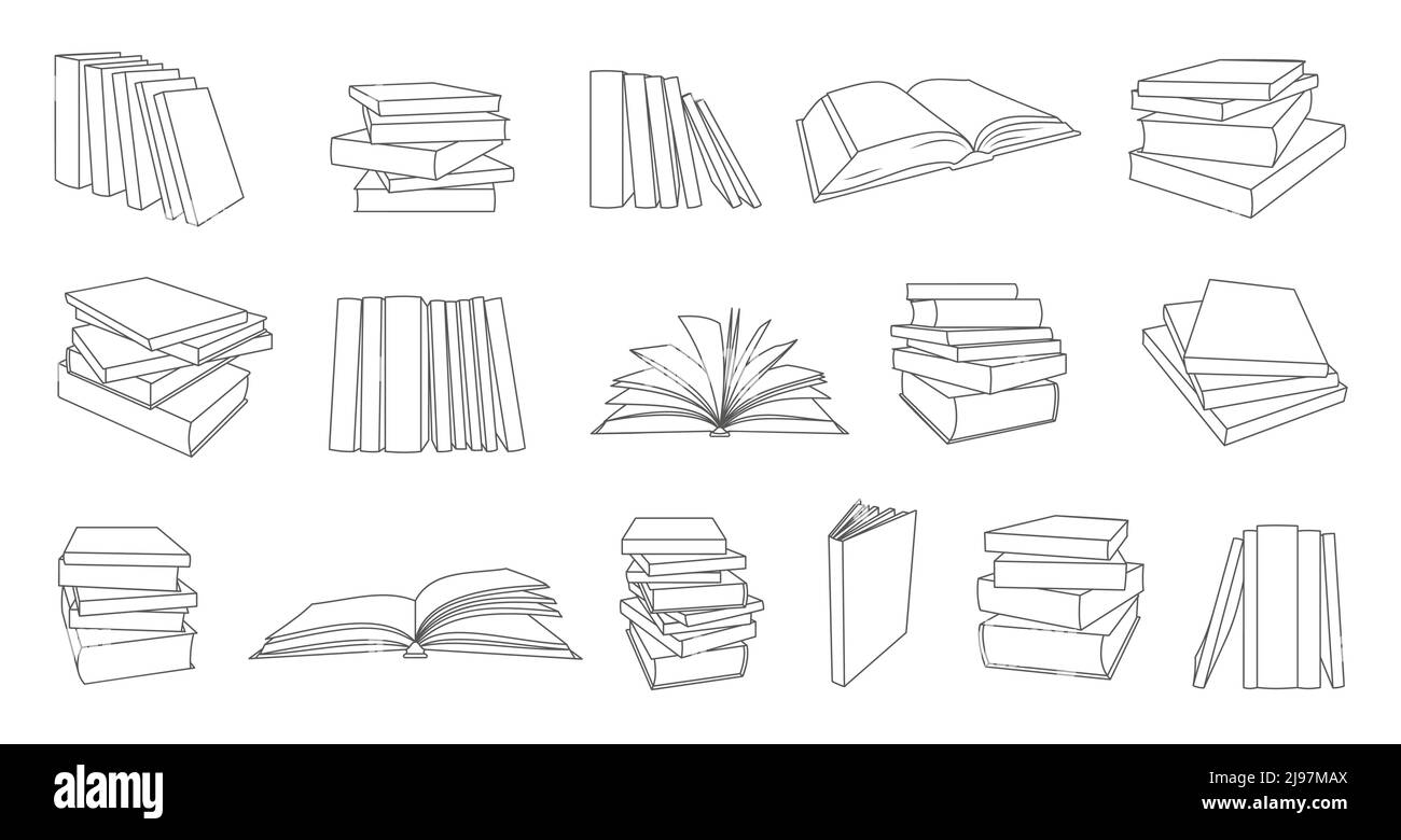 Book stack isometric simple sticker black line set. Monochrome icon ...