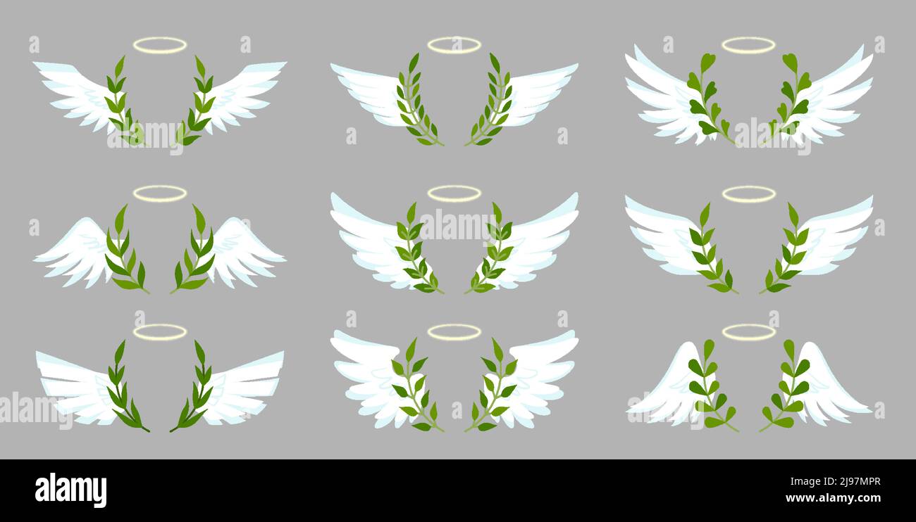Angel wing white wreath leafy emblem flight flat set. Delicate element ...