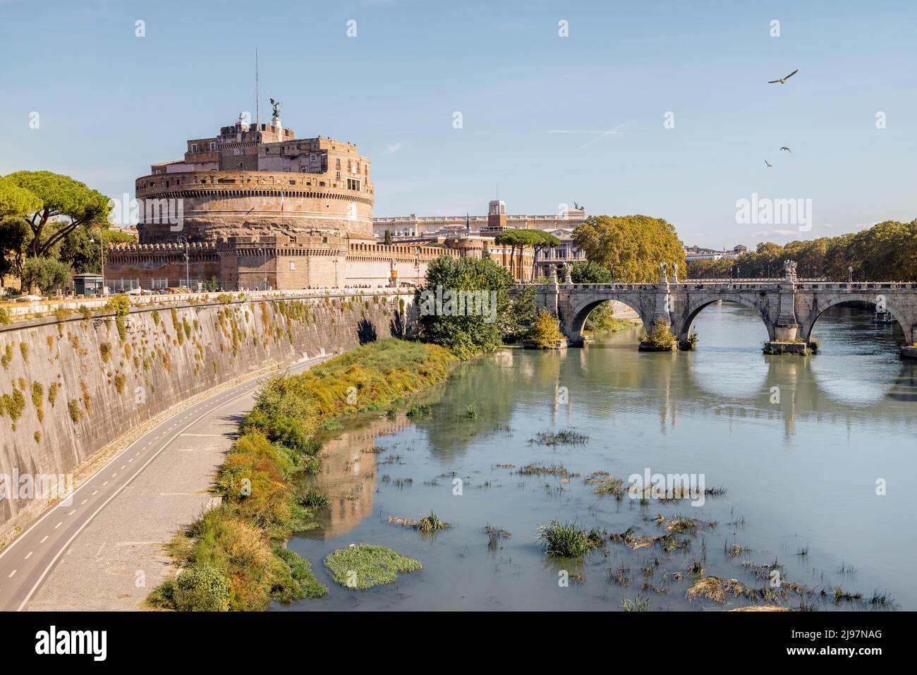 Landscape of Tiber river and castle at sunny morning in Rome Stock ...