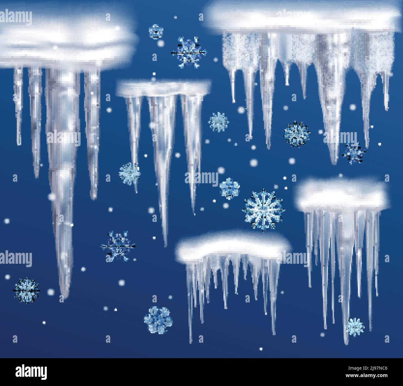 Realistic icicles fragments collection on dark blue snowy winter ...