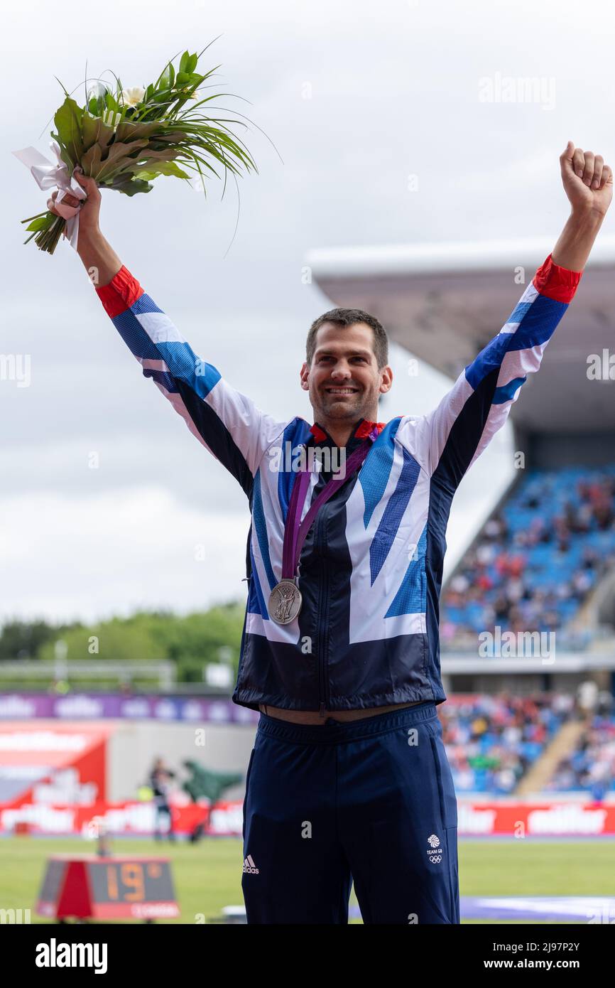 Birmingham, UK. 21st May, 2022. Robbie Grabarz of Team GB receives a ...