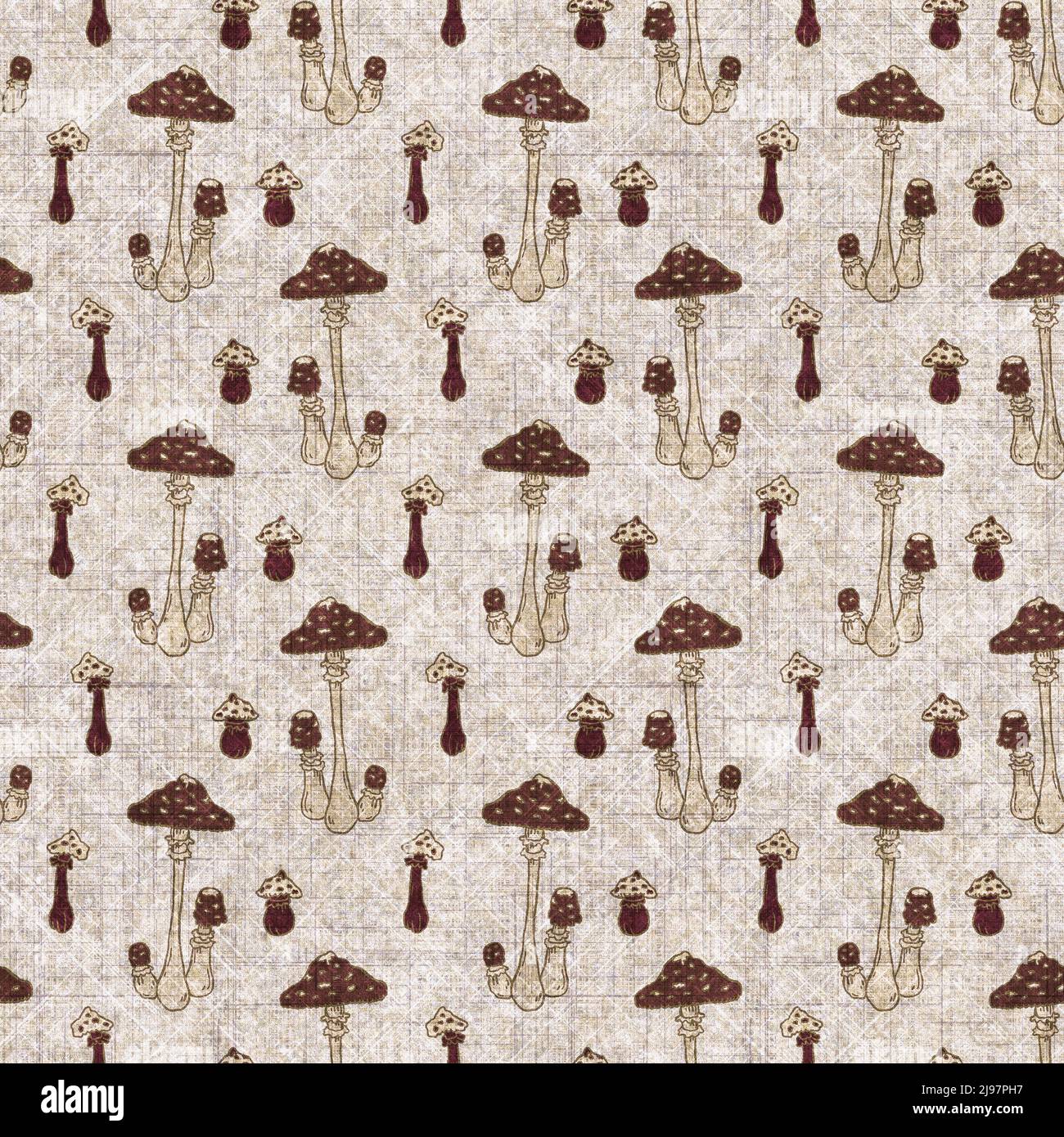 Mushroom seamless hand drawn linen style pattern. Organic fungi natural ...