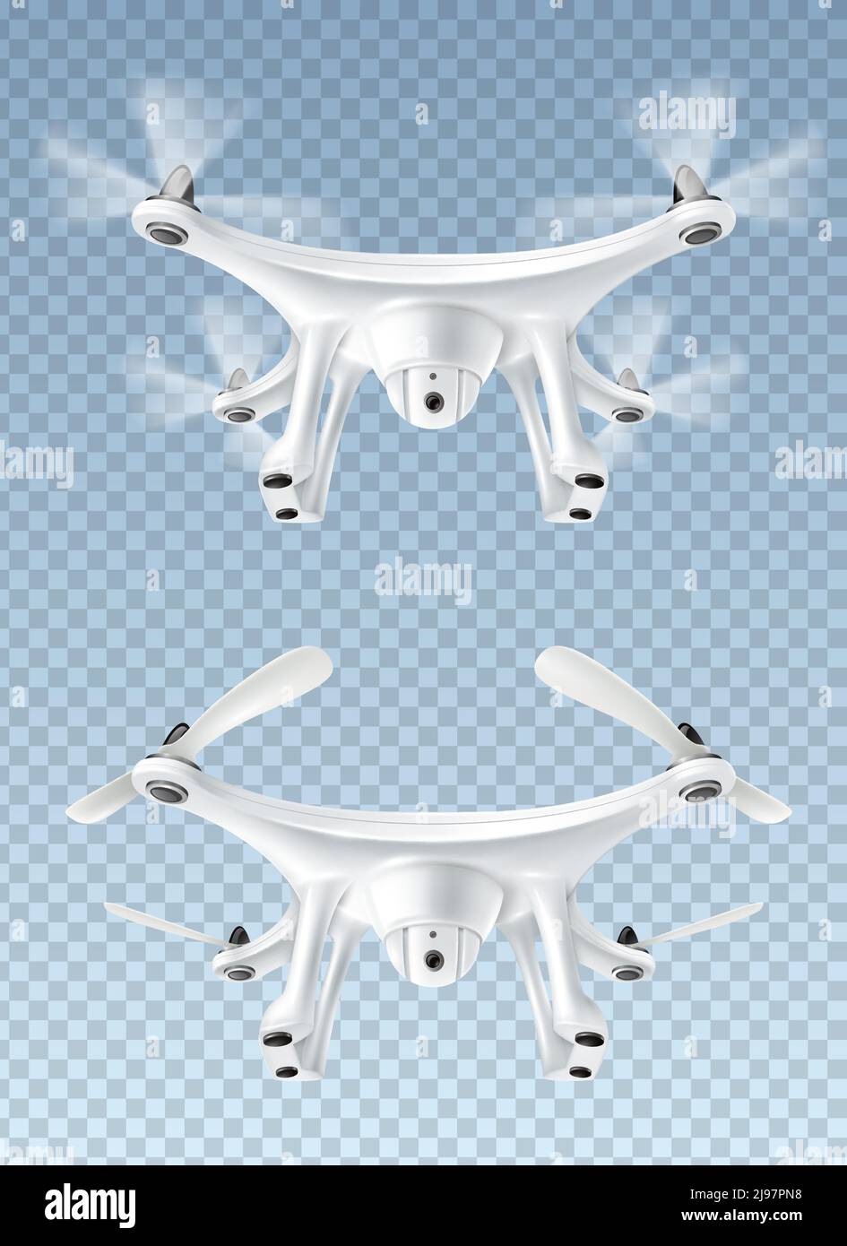 Two realistic modern flying drones isolated on transparent background ...