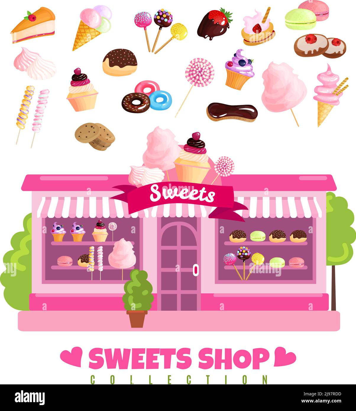 Sweets shop collection design concept with storefront and baked dessert ...