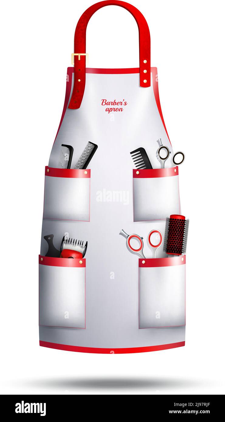 Realistic hairdresser red white apron with leather loop, metal rivets ...