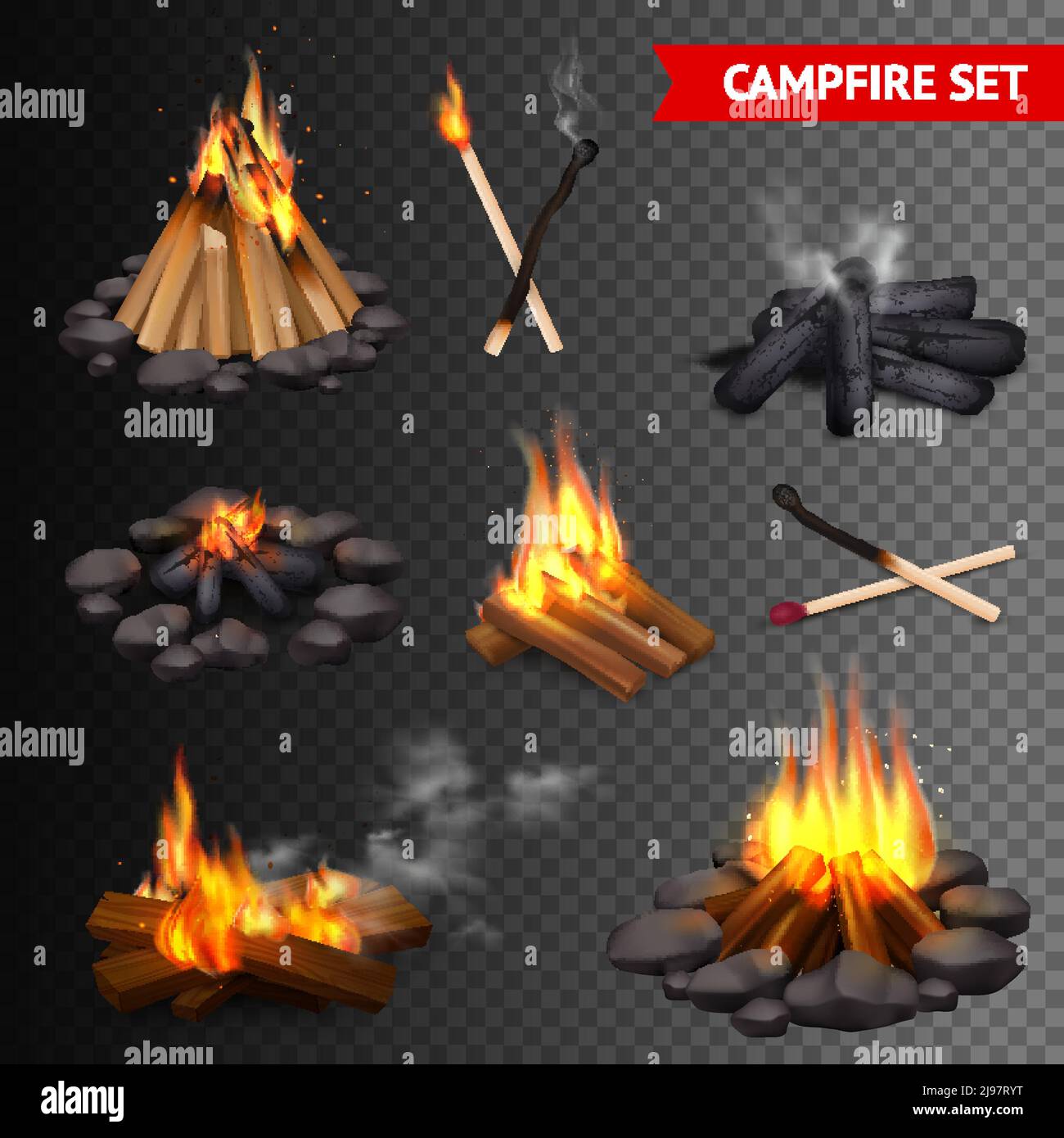 Realistic campfire transparent set of isolated bonfire images with lump ...