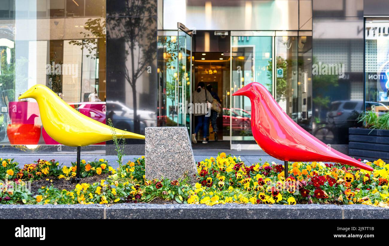 New bird shapes decorations in the gardens of Bloor Yorkville district ...