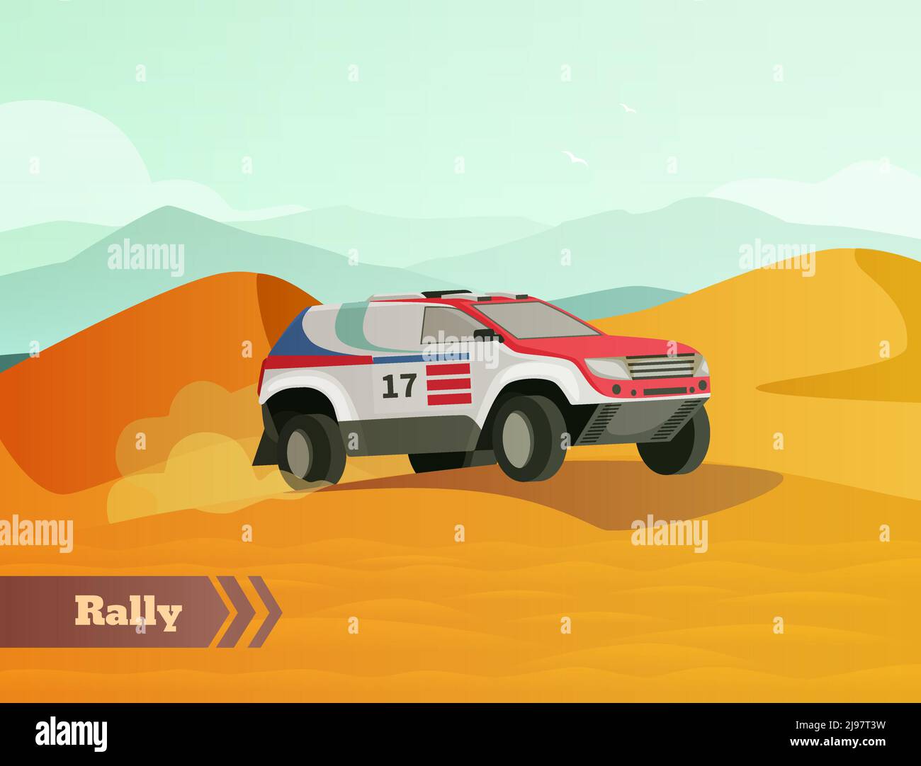 Racing flat composition with desert land scenery and doodle style image ...