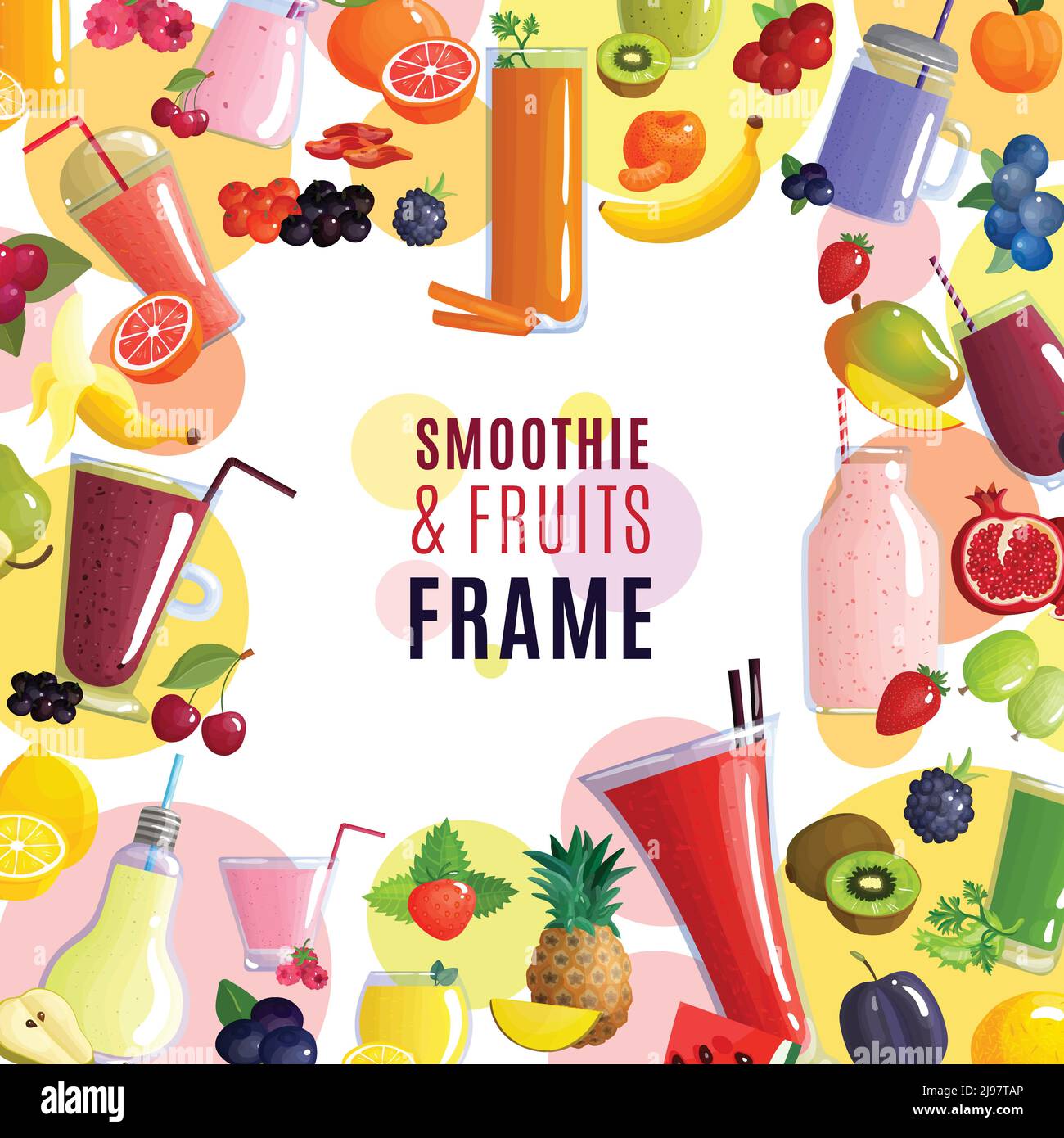 Colored smoothie frame background with a scattering of fresh fruits and ...
