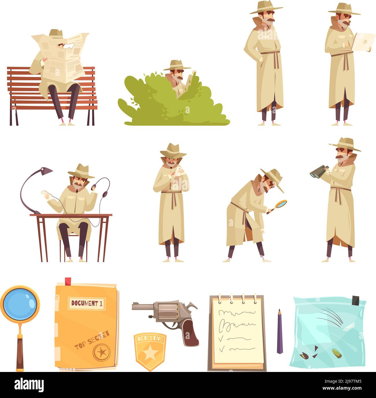 Private detective spy work cartoon icons collection with revolver ...