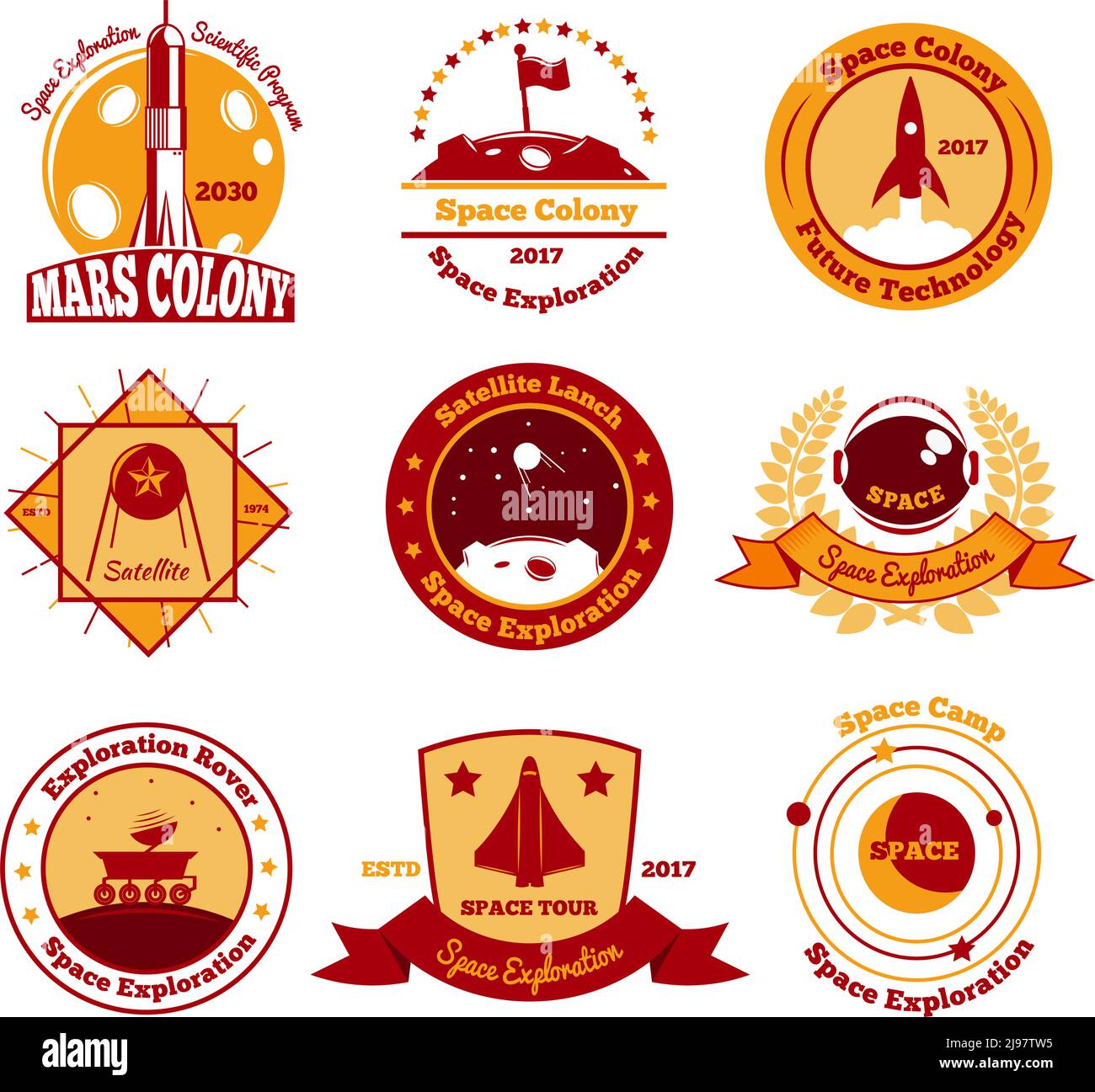 Space exploration emblems color set of isolated outer space adventure ...