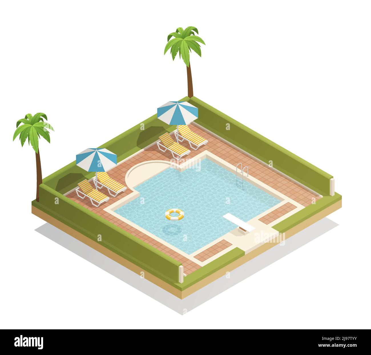 Outdoor swimming pool in tropic resort with palms lounge chairs and ...