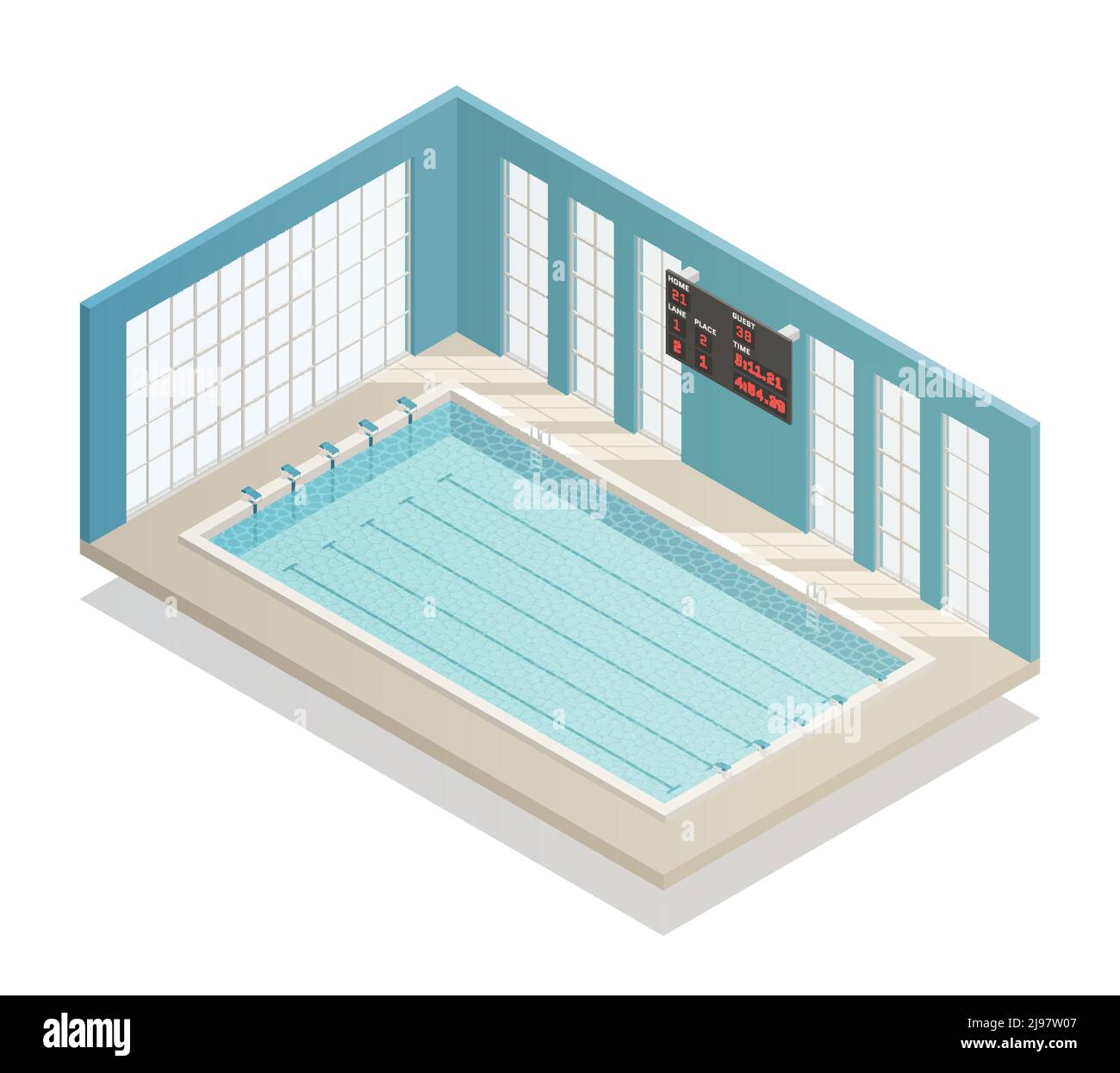 Swimming pool deep bath lanes with electronic board isometric and tiled walls isometric interior ...