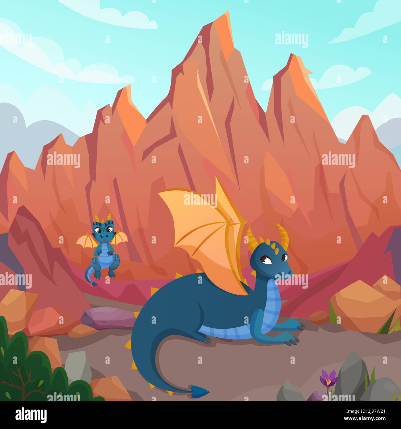 Fairy dragons composition with canyons landscape and cartoon characters ...