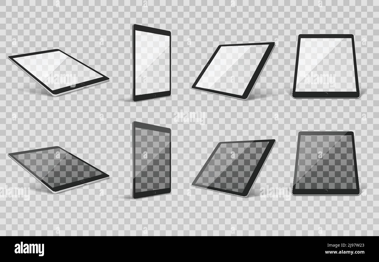 Realistic tablet set on transparent background with images of modern ...