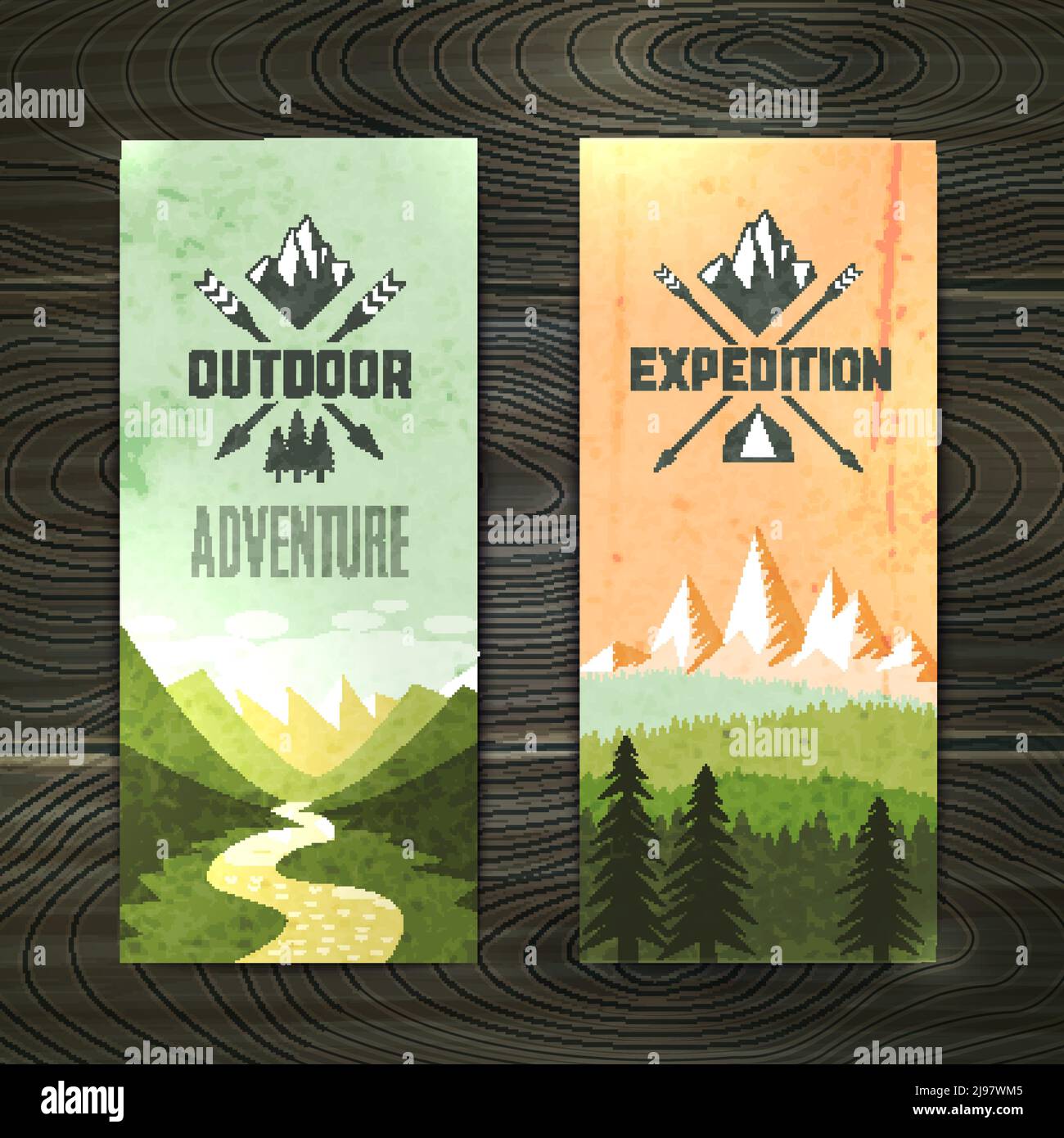 Tourism hiking holidays forest landscape with mountain peaks and two ...
