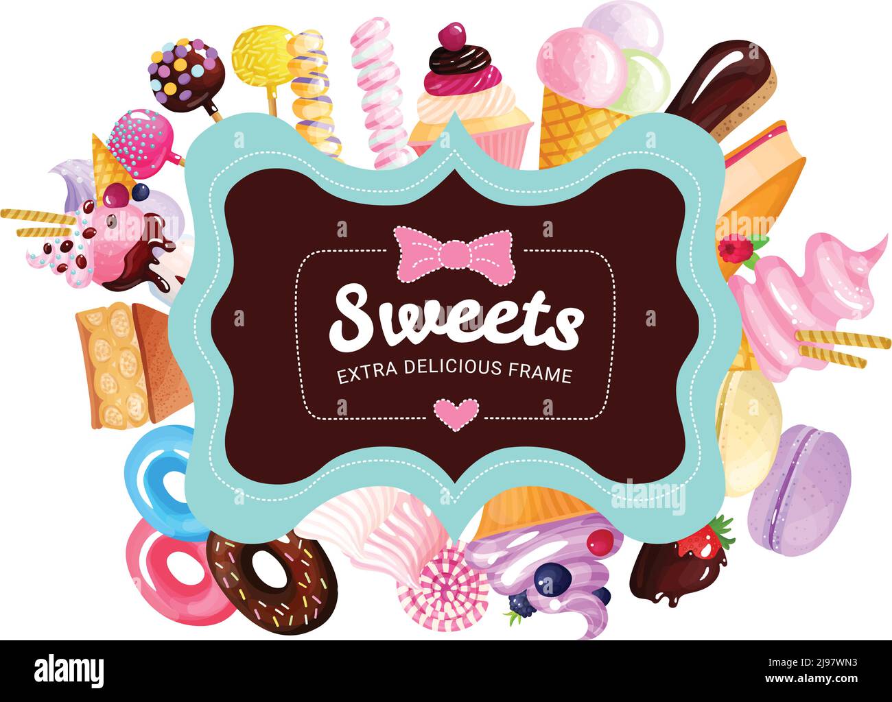 Trendy sweets frame background with different types of sweets candies ...