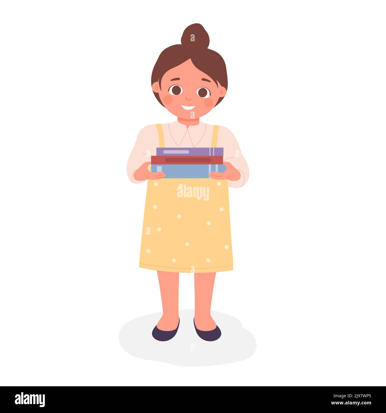 Smiling cute little girl holding books in her hands. Stack of ...