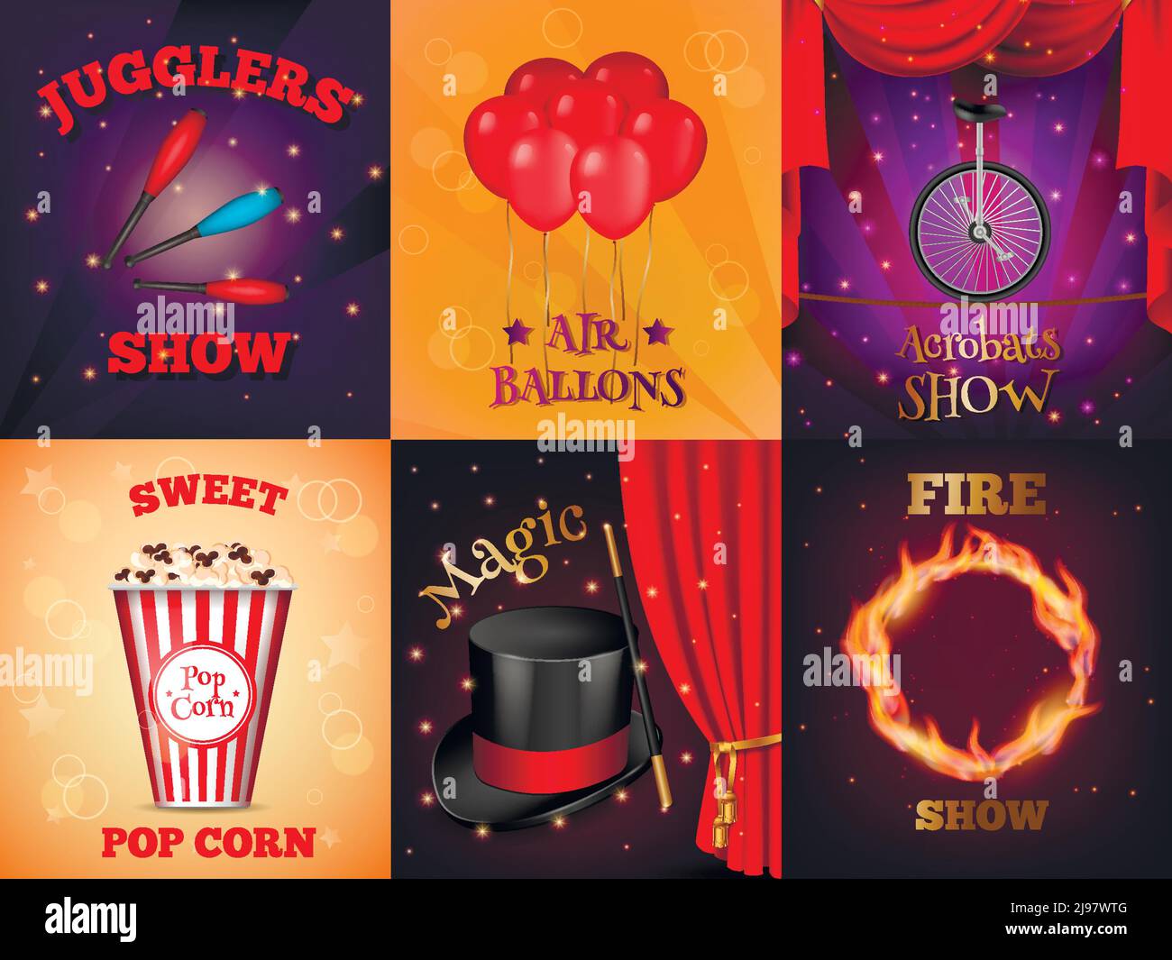 Circus compositions cards realistic 3d collection of six artworks with ...