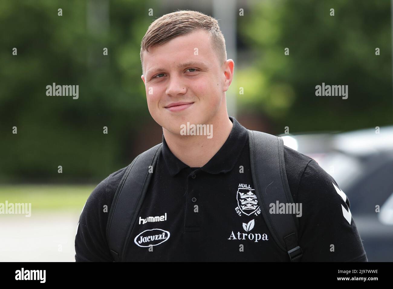 Jack Brown #20 of Hull FC arrives at The MKM Stadium ahead of today's ...