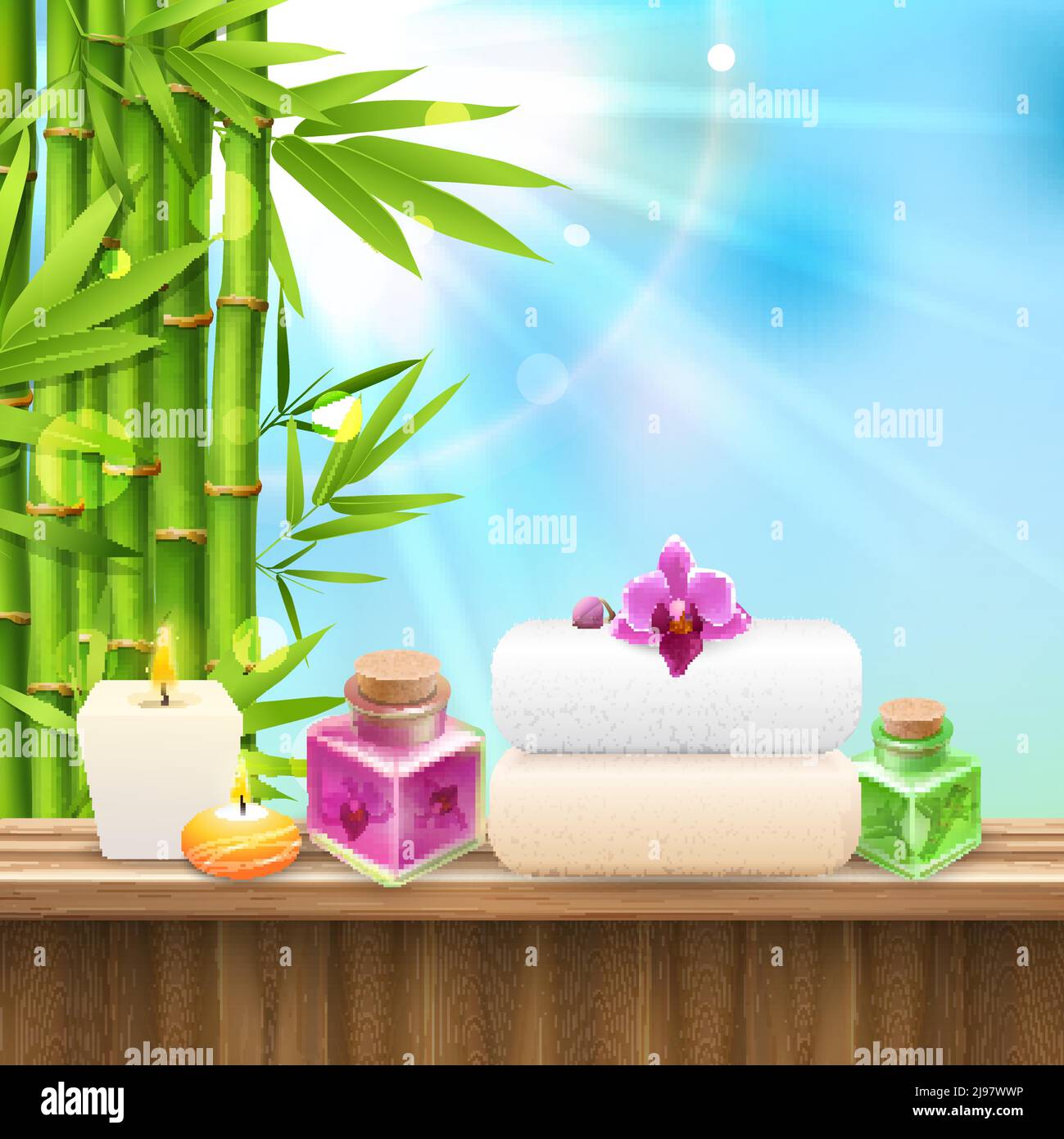 Colorful spa composition with set for spa treatment and bamboo shoots ...