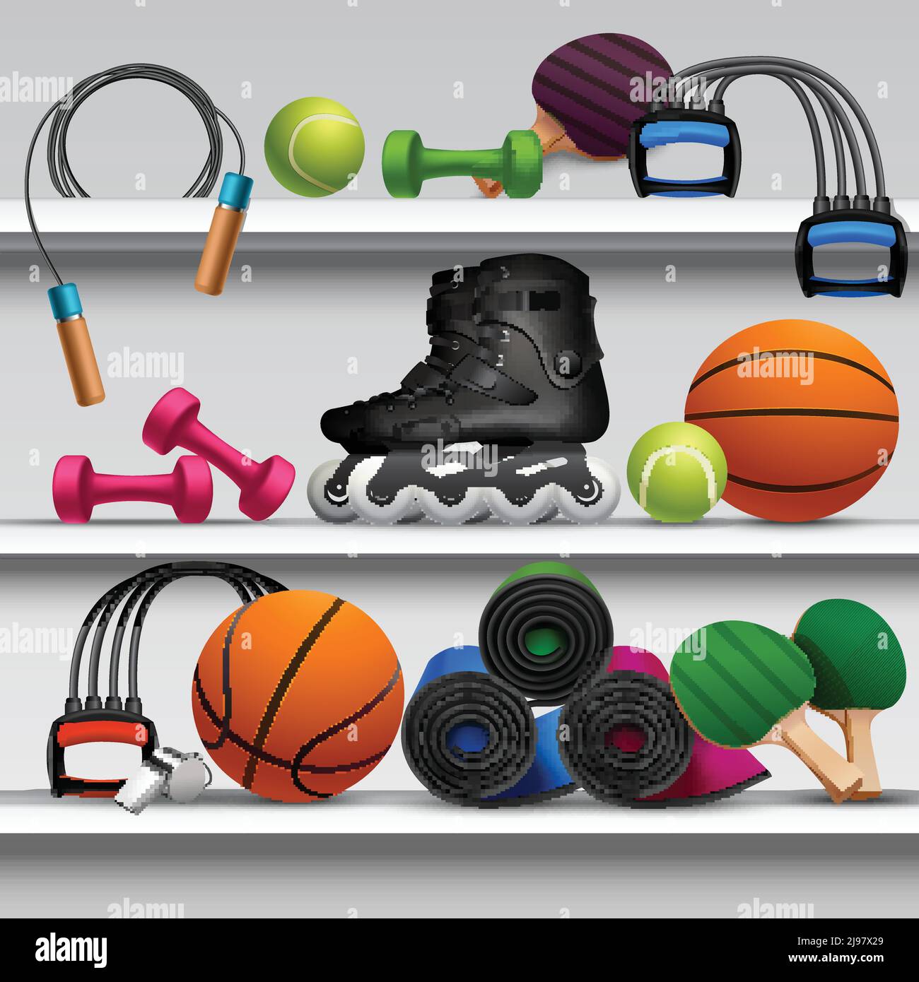 Sport store shelf with fitness equipment balls and rackets vector ...