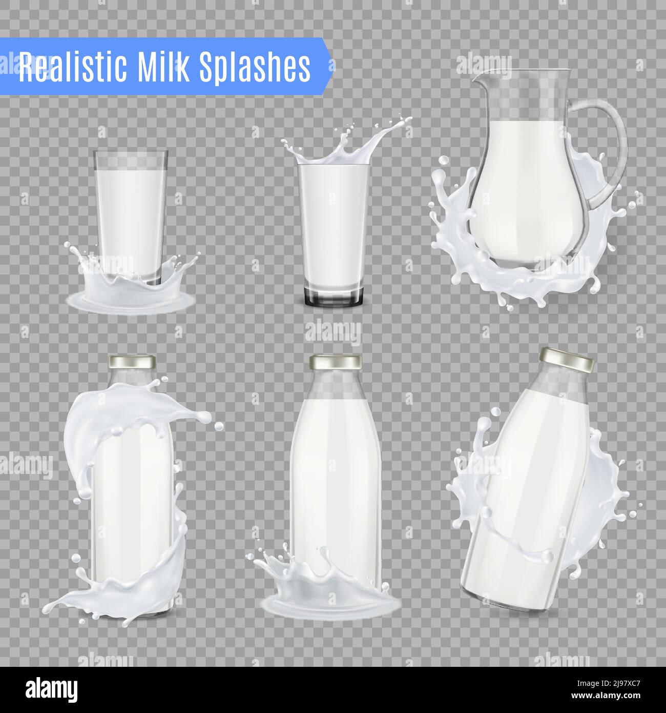 Milk splashes transparent set of jug bottles and beakers made of glass ...