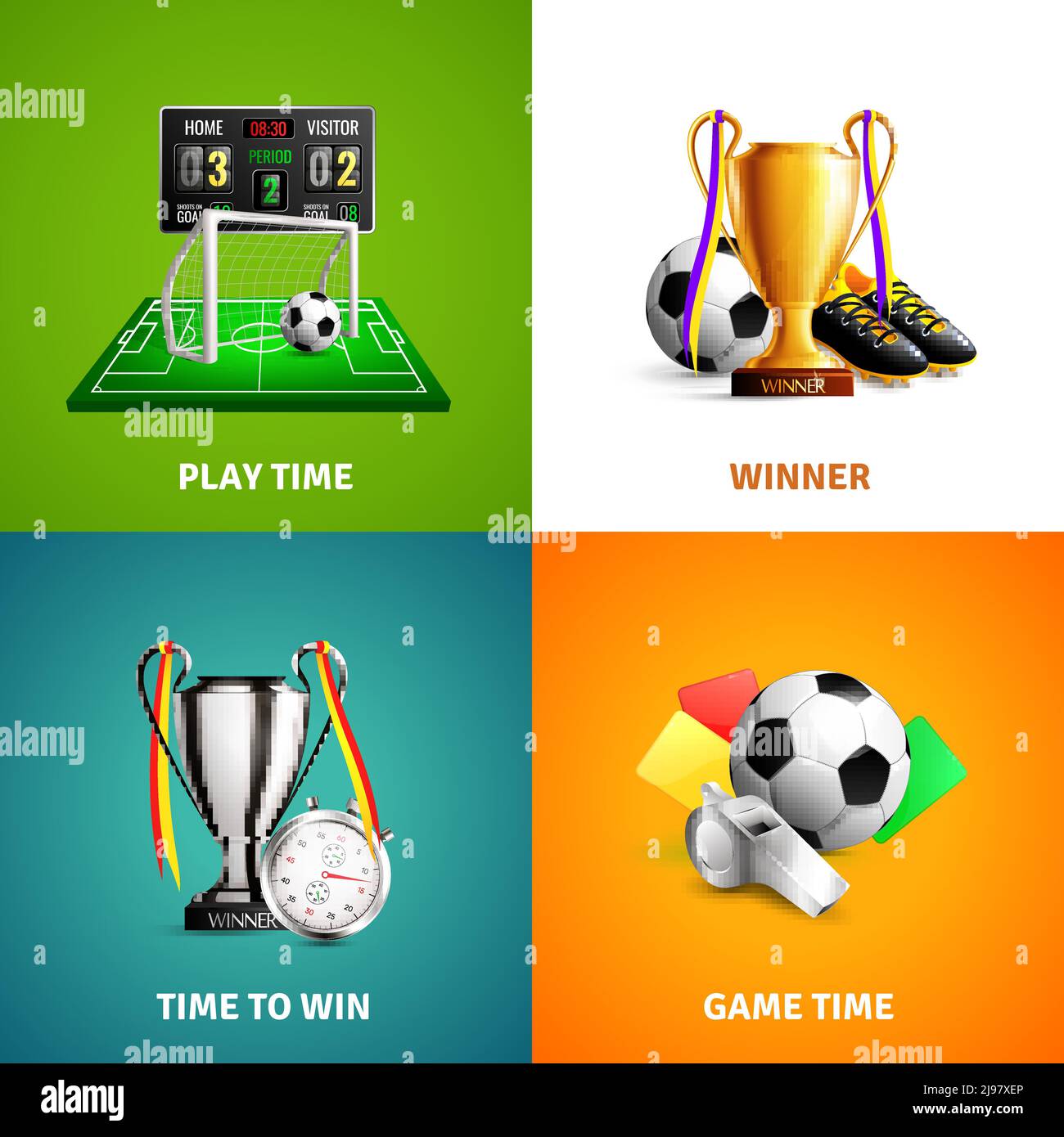 Soccer icons concept with game time, play equipment, winner trophies ...