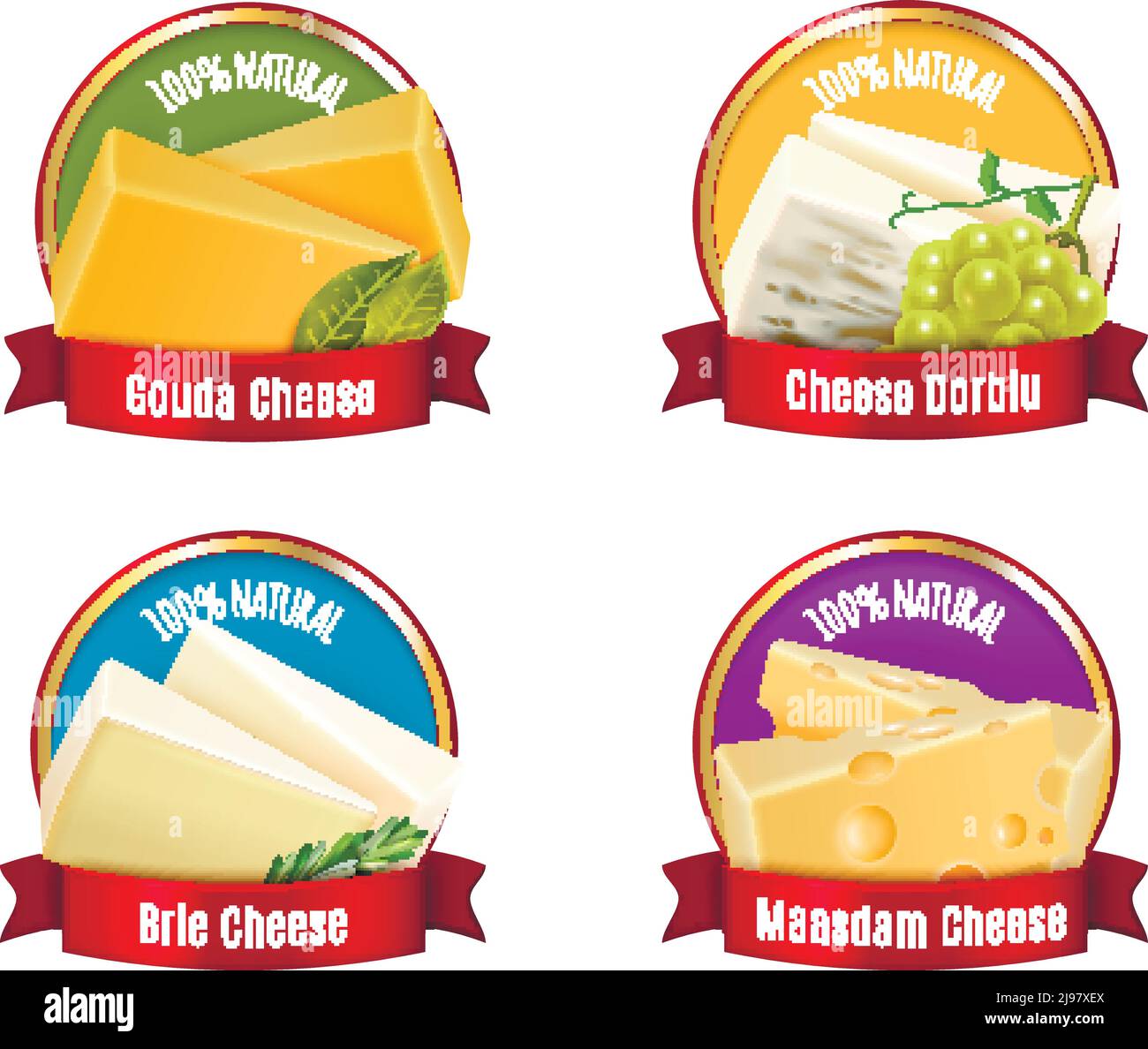Set of labels with realistic cheese, red ribbons, spices and branch of ...