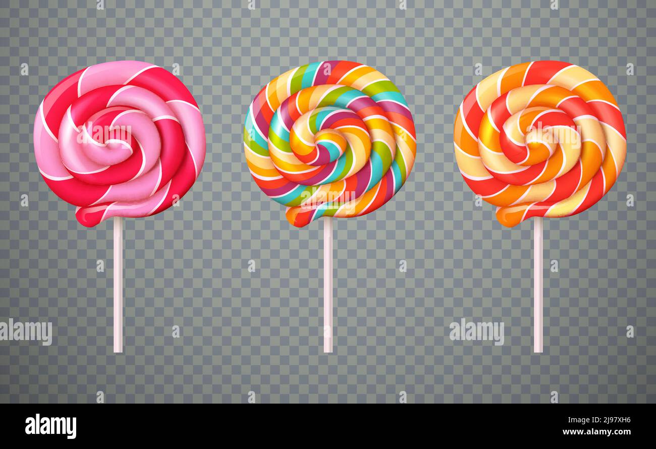 Set of realistic spiral striped colorful lollipops on white plastic ...