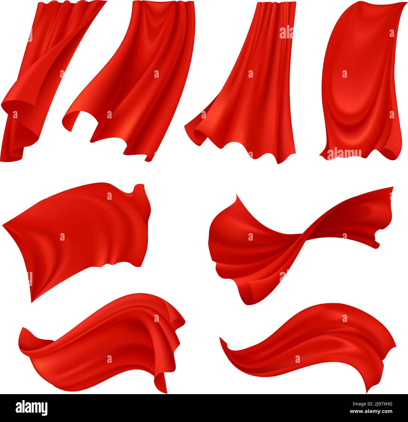 Realistic billowing red cloth set of fabrics in various positions ...