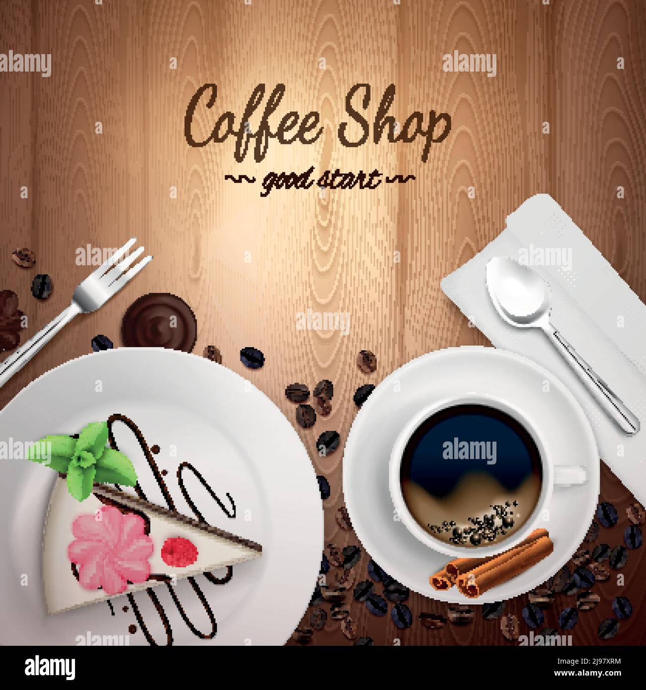 Coffee shop top view realistic background with images of wooden table ...