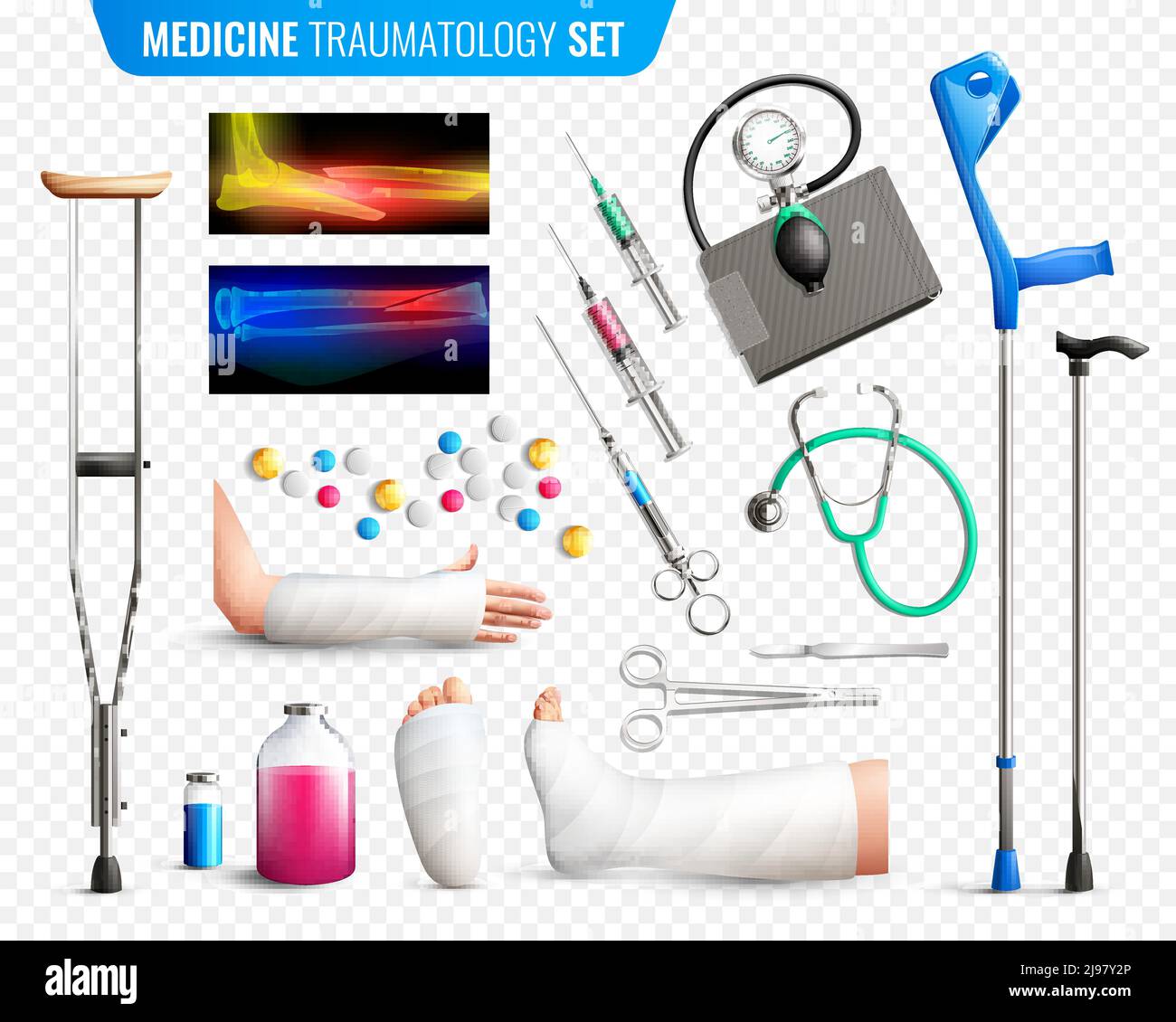 Set of medical tools, x-ray with bones fracture, traumas of limbs ...