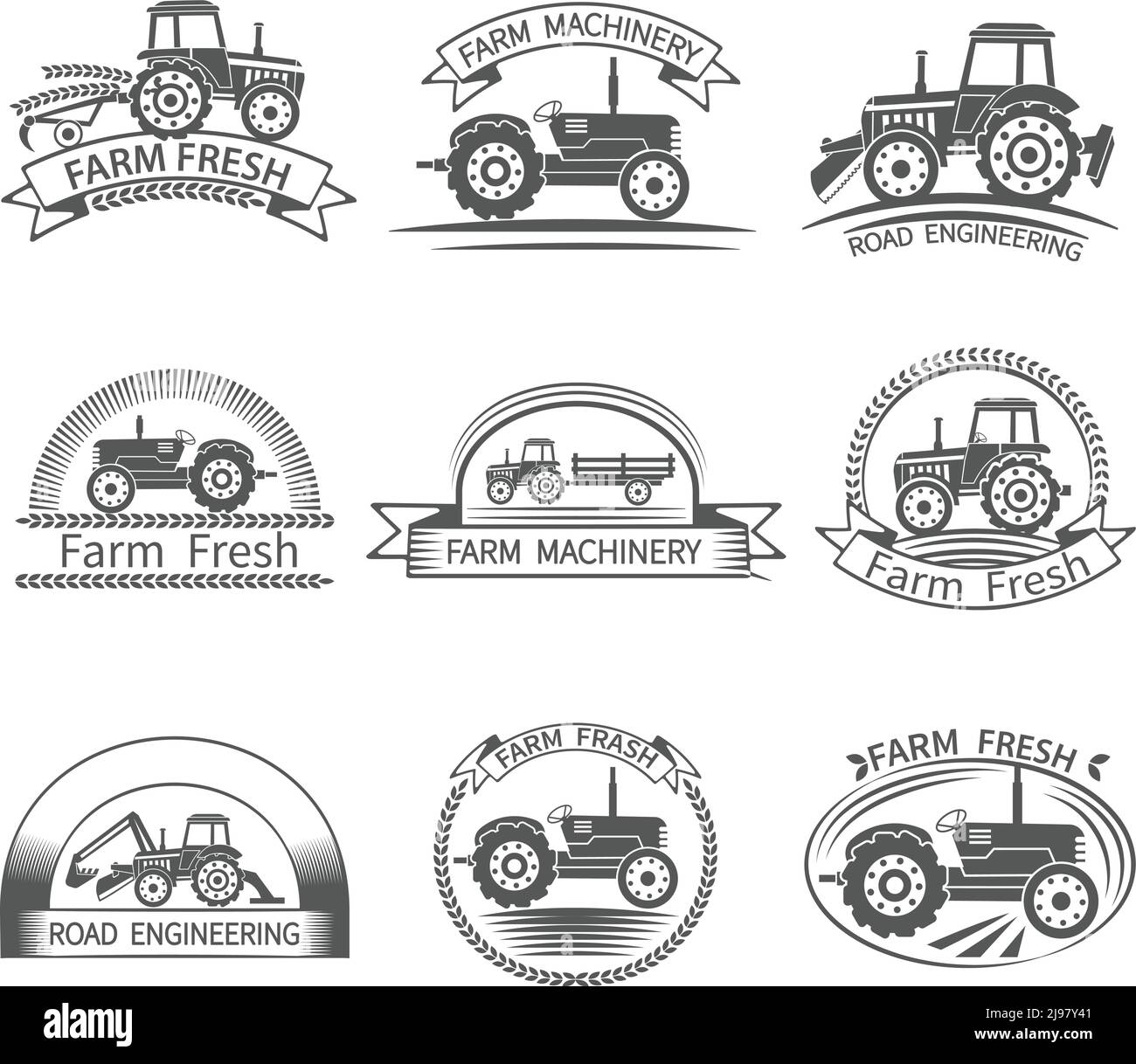 Tractor driver farm and construction machinery label set isolated ...